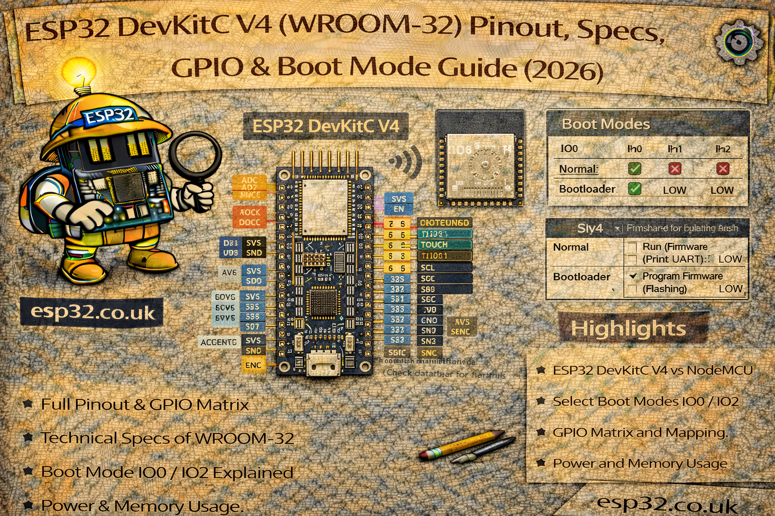 ESP32 DevKitC V4 (WROOM-32) Pinout, Specs, GPIO & Boot Mode Guide (2026 ...